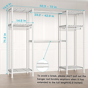 Ulif E7 Heavy Duty Garment Rack, Clothes Organizer and Storage Rack with Expandable Hangers, Metal Clothing Rack with 6 Wire Shelves, (52.3"-72") W x 14.5" D x 71.2" H, Load 740 LBS, White