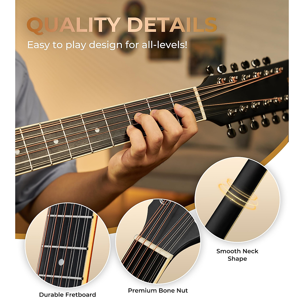 Vangoa 12 String Guitar Acoustic Electric, Upgraded Guitar 12 Strings Bundle for Beginner Intermediate Adults Teens, Guitarra de 12 Cuerdas, Spruce Top Bone Nut, Black, Matte