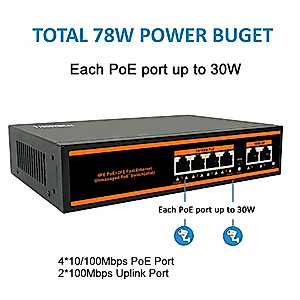 6 Port PoE Switch (4 * 100Mbps PoE Port+2 * 100Mbps Uplink Port),78W,802.3af/at,VLAN,Metal Fanless,Unmanaged Plug and Play