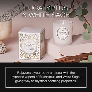 Voluspa Eucalyptus & White Sage, Classic Boxed Candle, 9.5 oz, 60 Hour Burn Time, All Natural Wicks and Coconut Wax for Clean Burning, Vegan, Poured in the USA