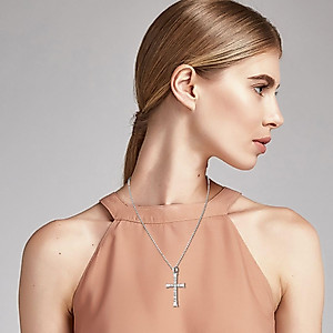 Cross Pendant in 925 Sterling Silver - Cubic Zirconia Cross Pendant for Men & Women - Prong Set - Cut CZ with Tapered Baguettes Jewelry Catholic Faith Christian Religious Birthday Gifts for