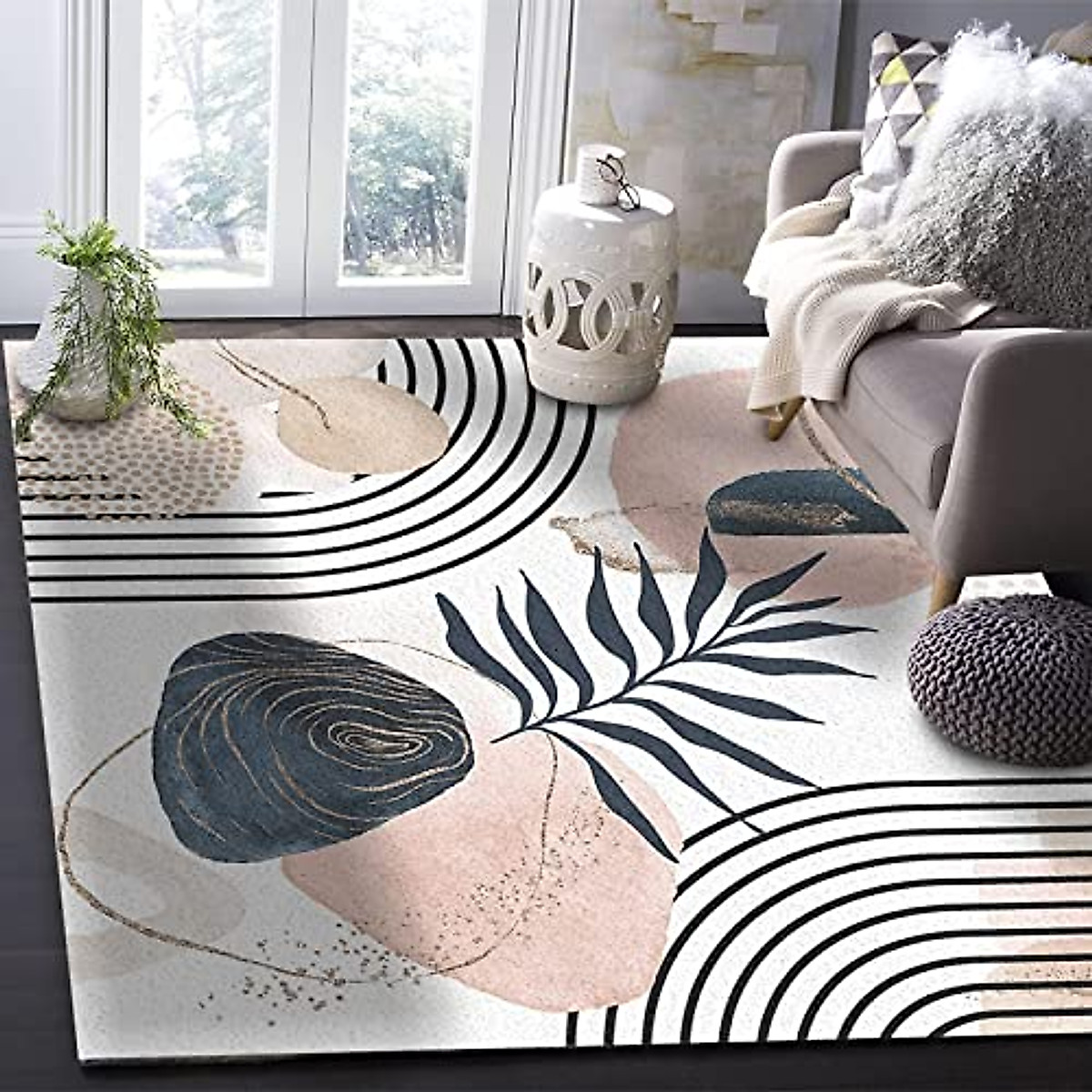 Abstract Boho Art Area Rug, Modern Minimalist European Geometric Line Art Living Room Rug for Room Sofa Living Room Bedroom Home Decor Floor Mats-6x5ft