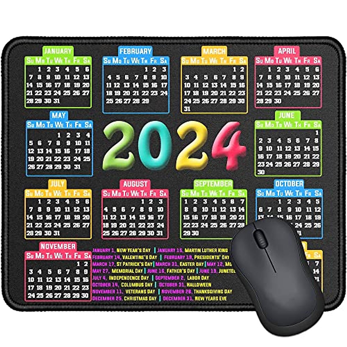 Mouse Pad with Stitched Edge, Computer Mouse Pad with Non-Slip Rubber Base, Mouse Pads for Computers Laptop Mouse 9.6x7.9x0.1 inch (2024 Calendar Black)