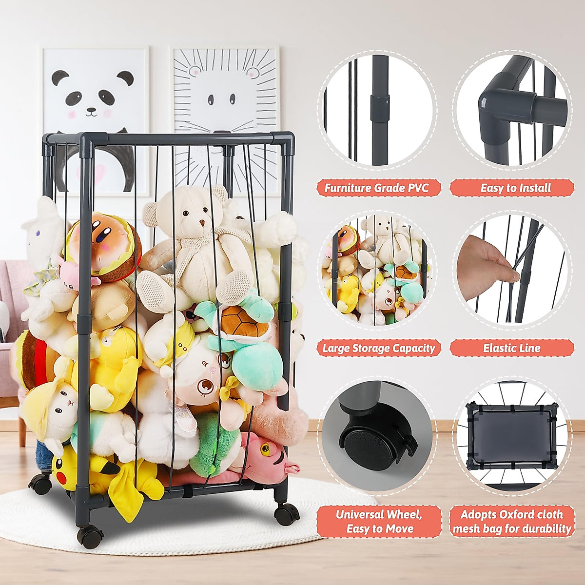XMBecc Stuffed Animal Storage Zoo Stuffed Animal Holder Space Save Vertical Stuffed Animals Storage PVC with Elastic Band and Net for Playroom Birthday Gift (small-gray)