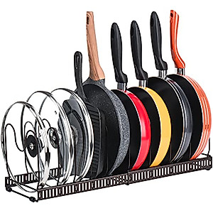 Toplife Pots and Pans Organizer Rack for Cabinet and Countertop, 10+ Pot Lids, Bakeware and Cookware Organizer Rack Holder with 10 Adjustable Compartments - Brown