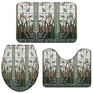 3 Piece Bath Rugs Sets, Large Flower Butterfly Dragonfly Grass Spring Non Slip Bathroom Carpet, Water Absorbent U-Shaped Toilet Mat, Toilet Lid Cover