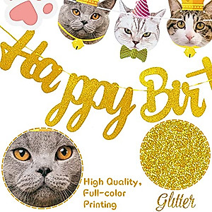 Cat Birthday Party Decoration Cat Faces Banner Gold Glitter Happy Birthday Banner for Meow Kitty Theme Birthday Party Baby Shower Supplies