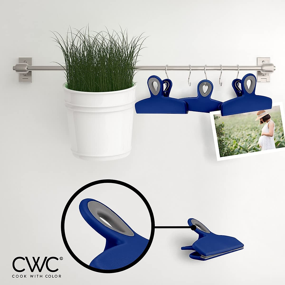 COOK WITH COLOR Bag Clips - Heavy Duty Chip Clip and Refrigerator Magnet Clips for Food Storage with Air Tight Seal Grip, Blue, Pack of 4 Large Clips