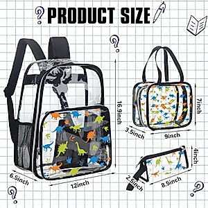 Kacctyen 3 Pcs Pink Clear Backpack for Girl Boy Kid Heavy Duty School Clear Bookbag Transparent Backpack with Lunch Bag(Black,Dinosaur)