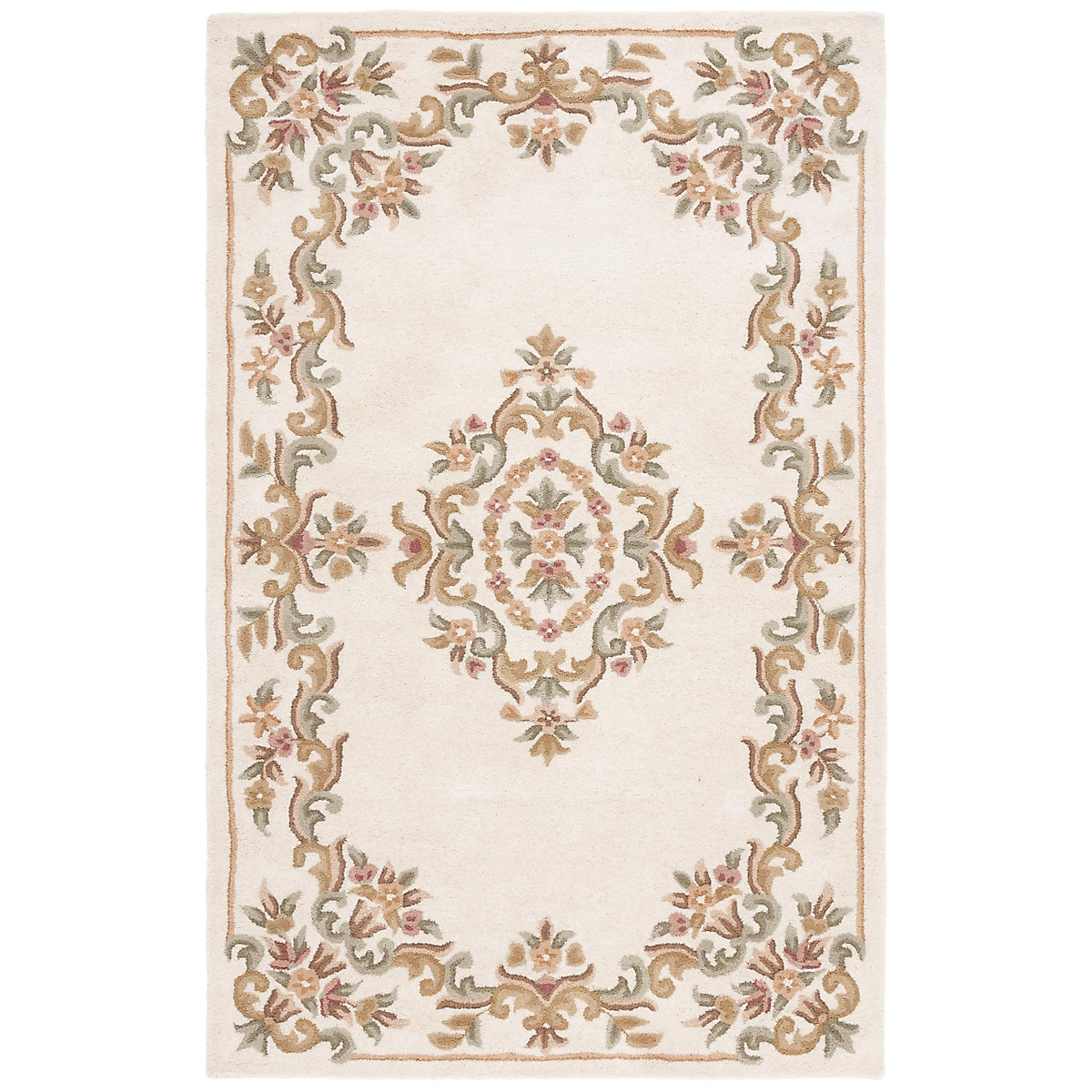 SAFAVIEH Aubusson Collection Area Rug - 5' x 8', Ivory & Green, Handmade Traditional Wool, Ideal for The Living Room, Bedroom, Dining Room (AUB301A-5)