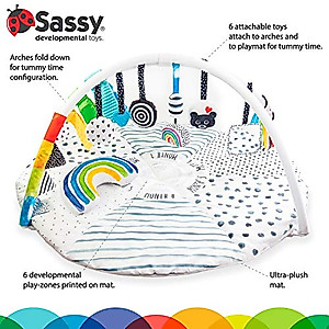 Sassy Stages STEM Developmental Play Gym, Sensory Tummy Time Activity Play Mat w/Built-in Instructions, Ultra Plush & Machine Washable Playmat for Babies & Toddlers