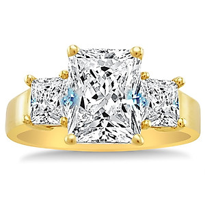 Size 4.5 - Solid 14k Yellow Gold 3 Three Stone Emerald-Cut/Shape Solitaire with Princess Cut Side Stones CZ Cubic Zirconia Engagement Ring 2.5ct.