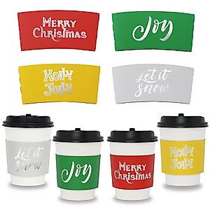 Whaline 40Pcs Christmas Coffee Tea Cup Sleeves Bronzing Silver Red Green Yellow Cup Sleeves for 12 and 16oz Disposable Cup Jacket for Hot Chocolate Cocoa Cold Beverage, 4 Design (No Cups Included)