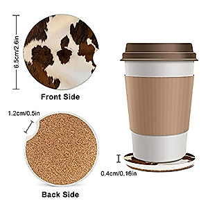 Absorbent Car Coasters 2 Pack for Women/Men,Cow Hide Car Coaster for Drinks,Ceramic Stone Car Cup Holder with A Finger Notch,Farm Animal Brown Cowhide Skin Print Cow