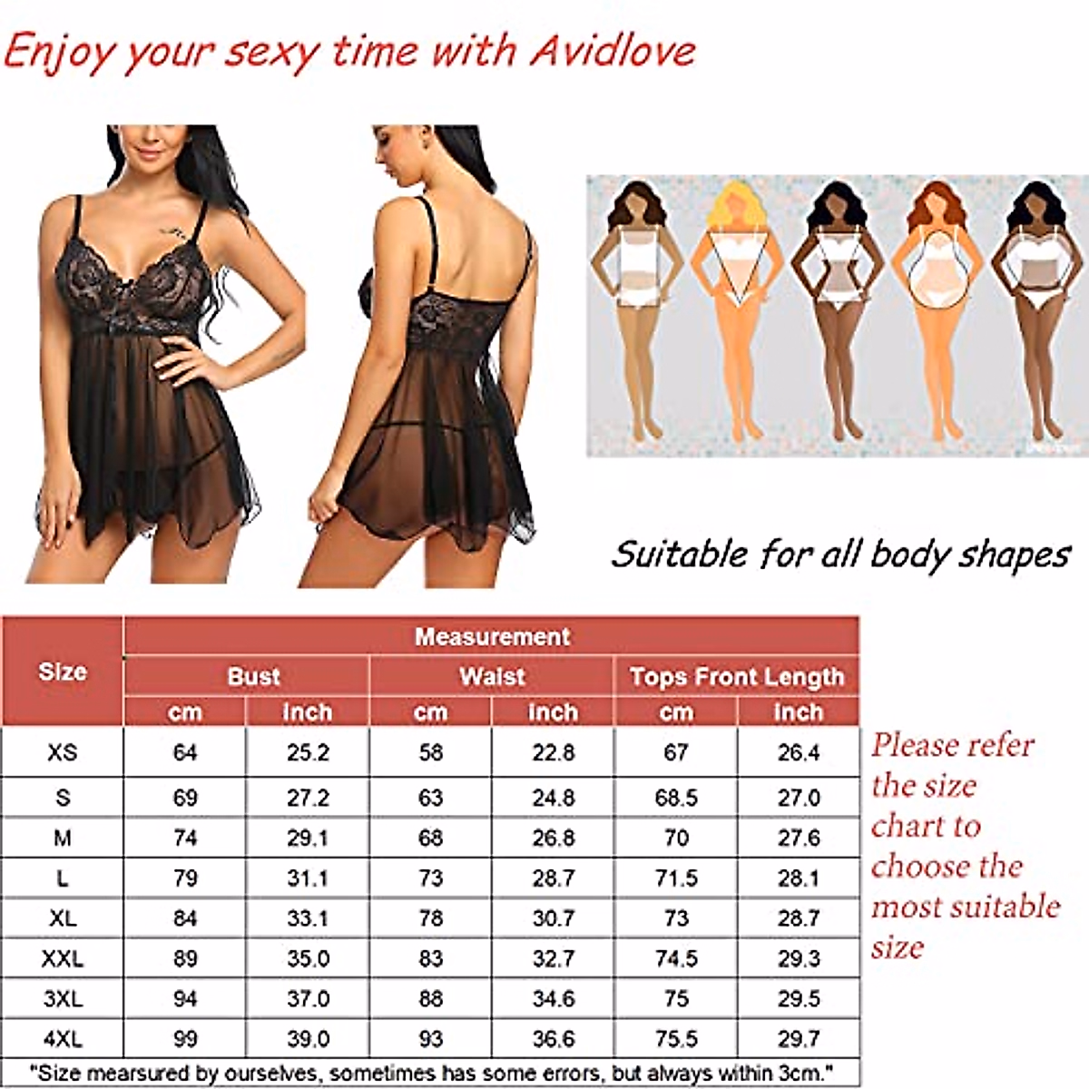 Avidlove Women Babydoll Set Mesh Lingerie Strap Chemise Lace Sleepwear Outfits Black Medium