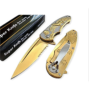 Wolf Pocket Knife, Spring Assisted Tactical Knife with Stainless Steel 3.5" Blade for Tactical Rescue, Self Defense, Hunting, Survival Glass Breaker Knives (Gold)