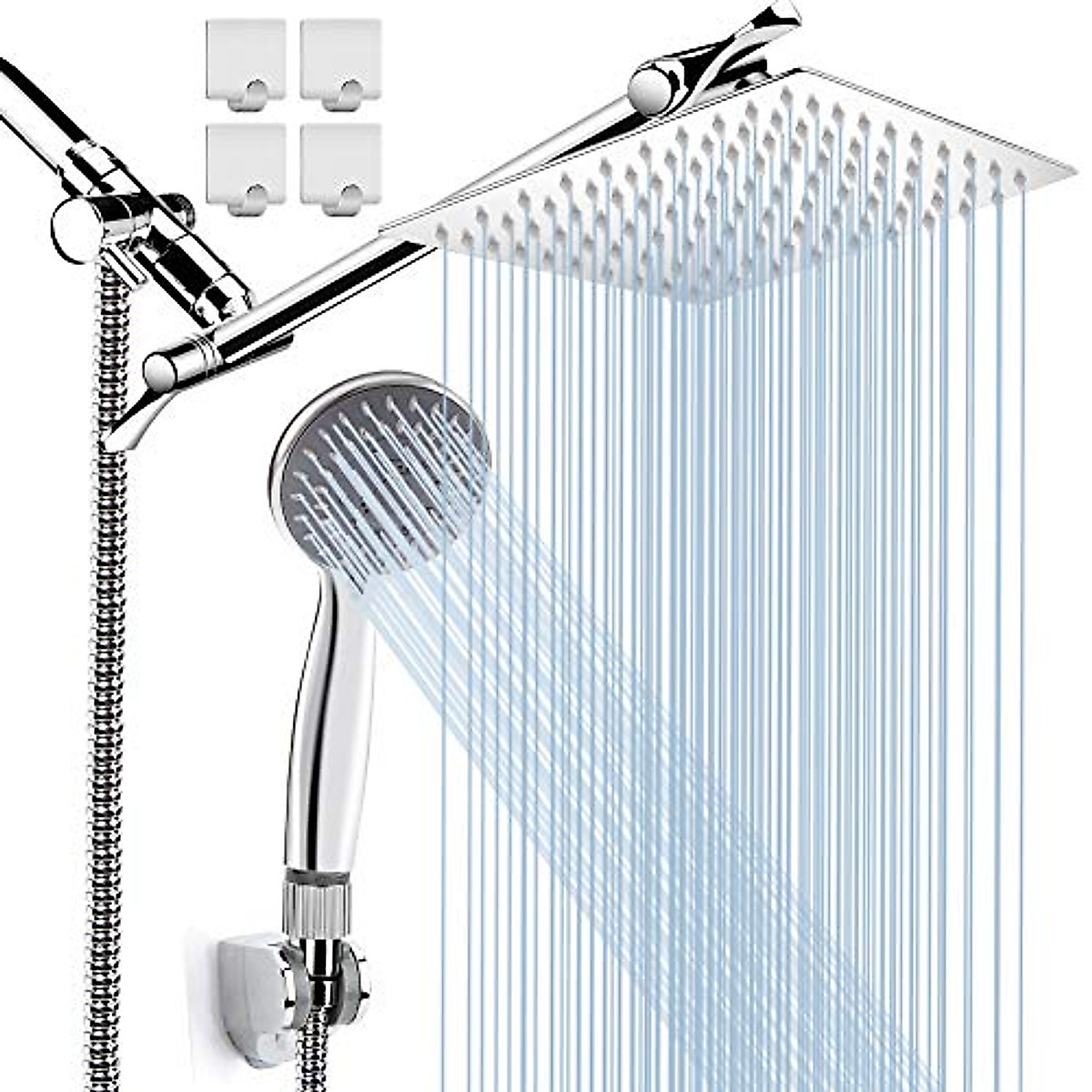 8'' High Pressure Rainfall Shower Head/Handheld Shower Combo with 11'' Extension Arm, Height/Angle Adjustable, Stainless Steel Bath Shower Head with Holder, 1.5M Hose, Chrome, 4 Hooks