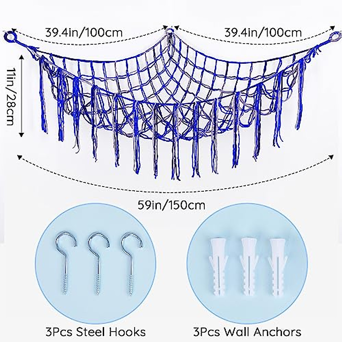 Basumee Stuffed Animals Net or Hammock Toy Storage Organizer Toy Hammock Hanging Stuffed Animals Storage Holder with Tassels for Nursery Kids Bedroom Room Wall Décor, Blue
