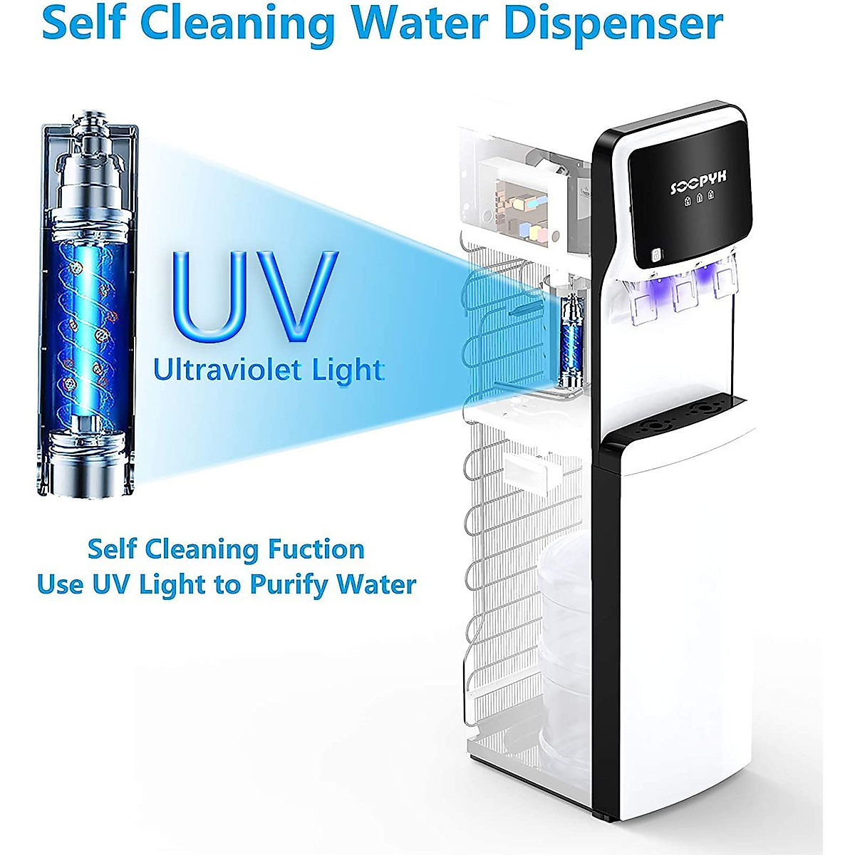 SOOPYK Water Dispenser Cooler Bottom Load Loading with 3 Temperatures Setting 3-5 Gallon Self Cleaning Cold and Hot Water Durable Steel Frame Child Safety for Home Office-BY530-4