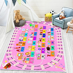 DoRlPIeY Kids ABC Pink Play Rug, Girl Alphabet Rugs with Numbers Animal Train and Road Shapes Learning Fun Educational Carpet, Playmat for Kid Bedroom Playroom 31x47 in Small Pattern
