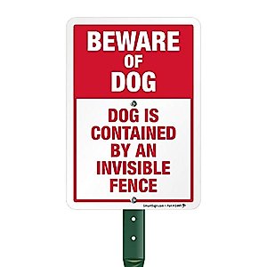 SmartSign Beware of Dog Sign, Dog Contained by an Invisible Fence Sign for Yard, Lawn, Home Security Signs, 21 Inches Bend-Proof Stake & Metal Sign Kit, 10x7 Inches Aluminum Sign
