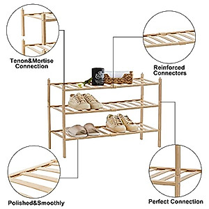 Quiqear Bamboo Shoe Rack, 3 Tier Shoe Rack Organizer, Stackable & Durable Shoe Shelf Holder, Free Standing Shoe Racks, Shoe Storage Organizer for Entryway, Closet, Hallway, 27.2*11*18.3inch (Natural)