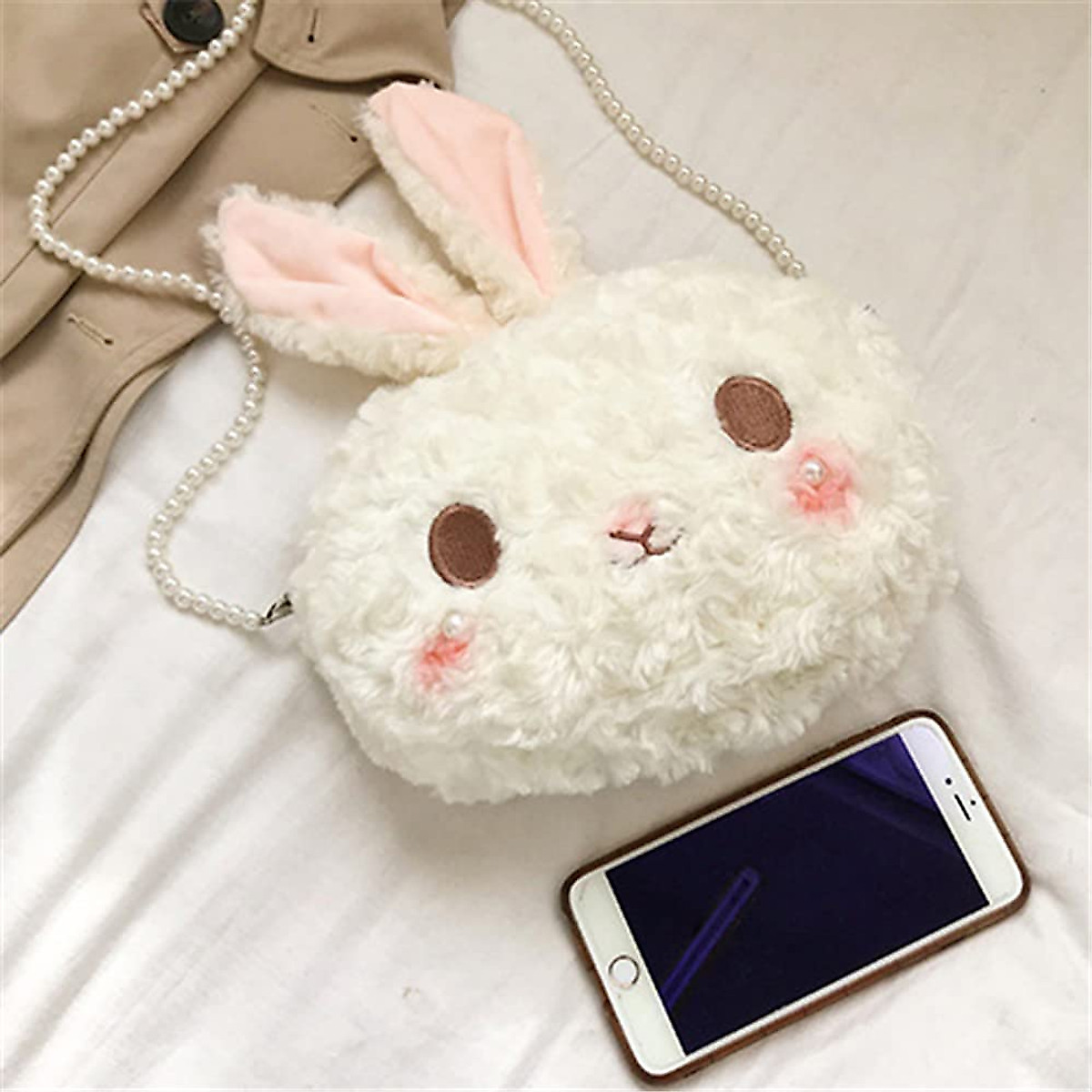 JIANEEXSQ Cute Bunny Crossbody Bag Kawaii Fluffy Plush Rabbit Animal Purse Lovely Lolita Girl Handbag Kids Teenagers Wallets (Pearl Chain), White