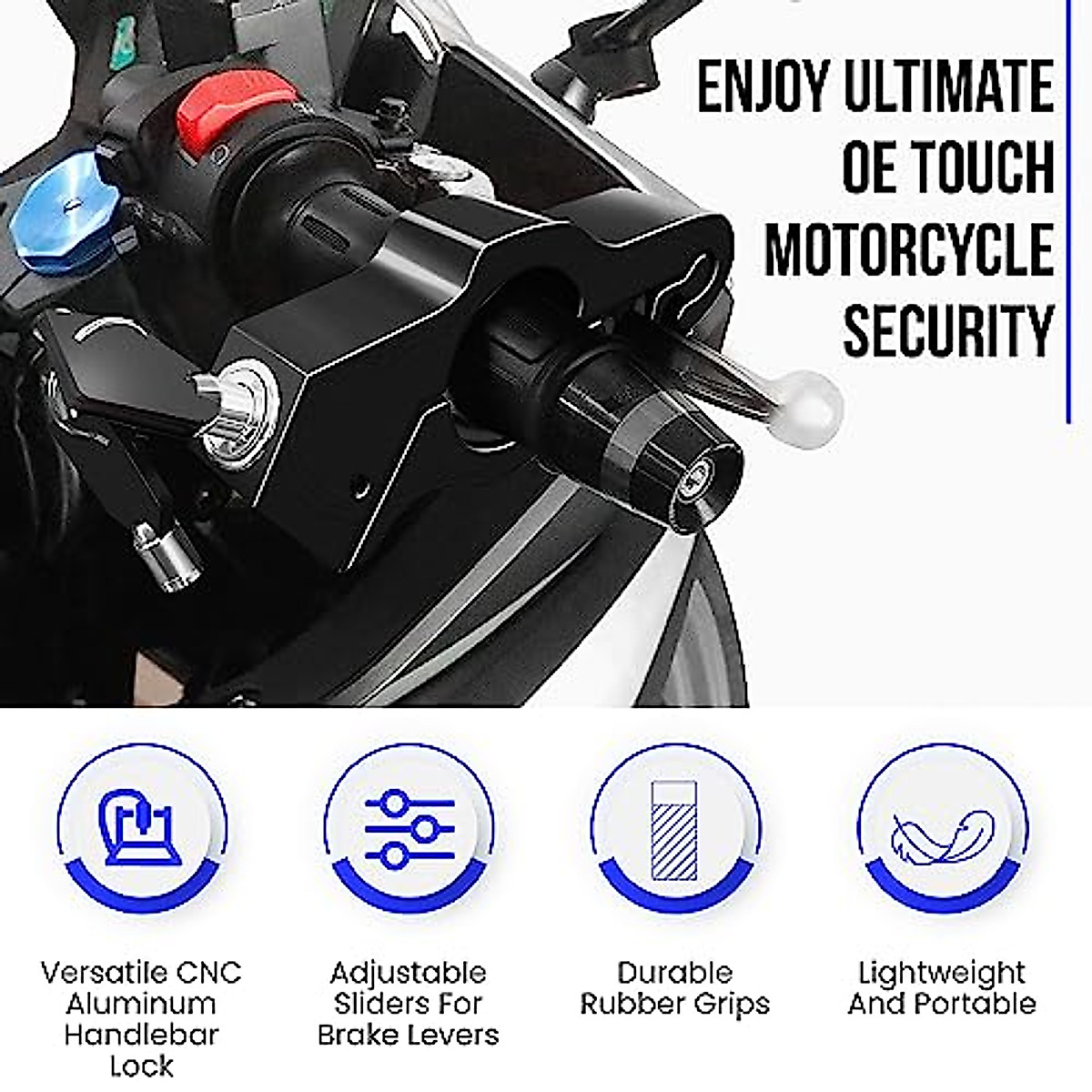Turbo Motorcycle Lock (Black) - Anti-Theft Motorcycle Brake Lock w/Rubber Grips, Adjustable Sliders - CNC Aluminum Handlebar Scooter Lock - Lightweight Motorcycle Accessories for Scooters, ATVs