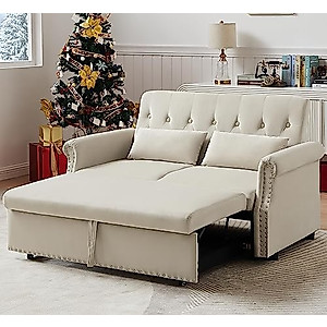 55" Convertible Loveseat Sofa Couch with Pull-Out Sleeper, 3-in-1 Modern Love seat Couch Bed with Adjustable Backrest and 2 Pillows,Velvet 2 Seater Couch Bed for Small Spaces Living Room(Beige)