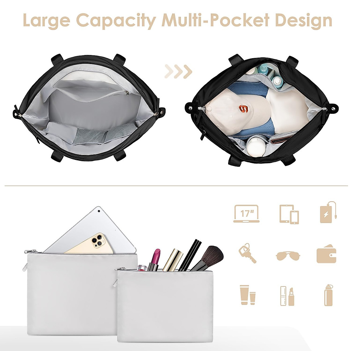 ETRONIK Laptop Tote Bag for Women, Tote Bag for Women with Laptop Compartment, Large Tote Bag Purse with Storage Bag, The Tote Bag Shoulder Bag for Work Gym Overnights Weekend Trips, Black