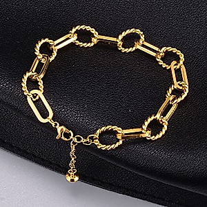 7mm Woman Gold Stainless Steel Rope Rolo Link Thick Chain Bracelet Bead#15563