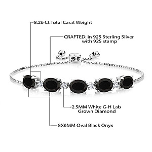 Gem Stone King 925 Sterling Silver Black Onyx and White Lab Grown Diamond Tennis Bracelet For Women (8.26 Cttw, Gemstone Birthstone, Oval 8X6MM, Fully Adjustable Up to 9 Inch)