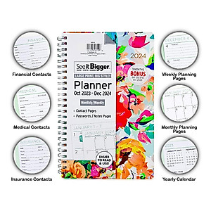 PlanAhead See IT Bigger April 2024 - June 2025 Size 8.75" x 5.5" x 0.5" Monthly/Weekly Medium Planner and Twin Fluorescent Pen (Floral Coppa)