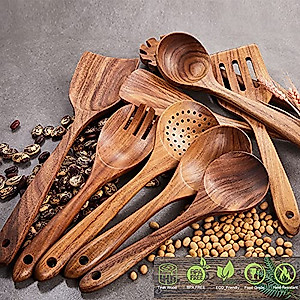 Wooden Kitchen Utensils Set,GUDAMAYE 9 PCE Wooden Spoons for Cooking,Wooden Cooking Utensils,Natural Teak Wooden Spoons For Non-stick Pan