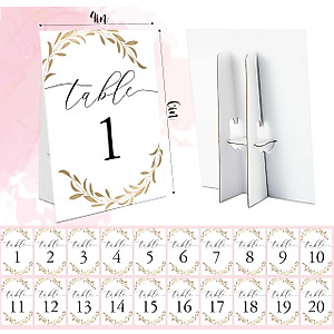Wedding Table Numbers 1-20, Gold Leaf Wedding Decor, 4x6 Standing Sign Self-Standing Table Numbers for Bridal Showers, Baby Showers, Special Event, Reception & Decorations