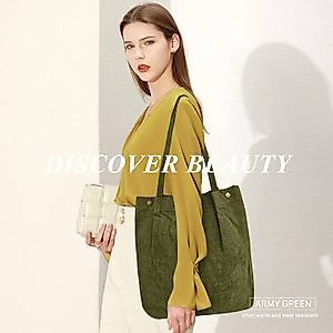 Ndeno Women Tote Bags Grocery Shoulder Bag Corduroy with Inner Pocket for Work Beach Lunch Travel Shopping Shopper Handbags (Armygreen+Merlot), Green