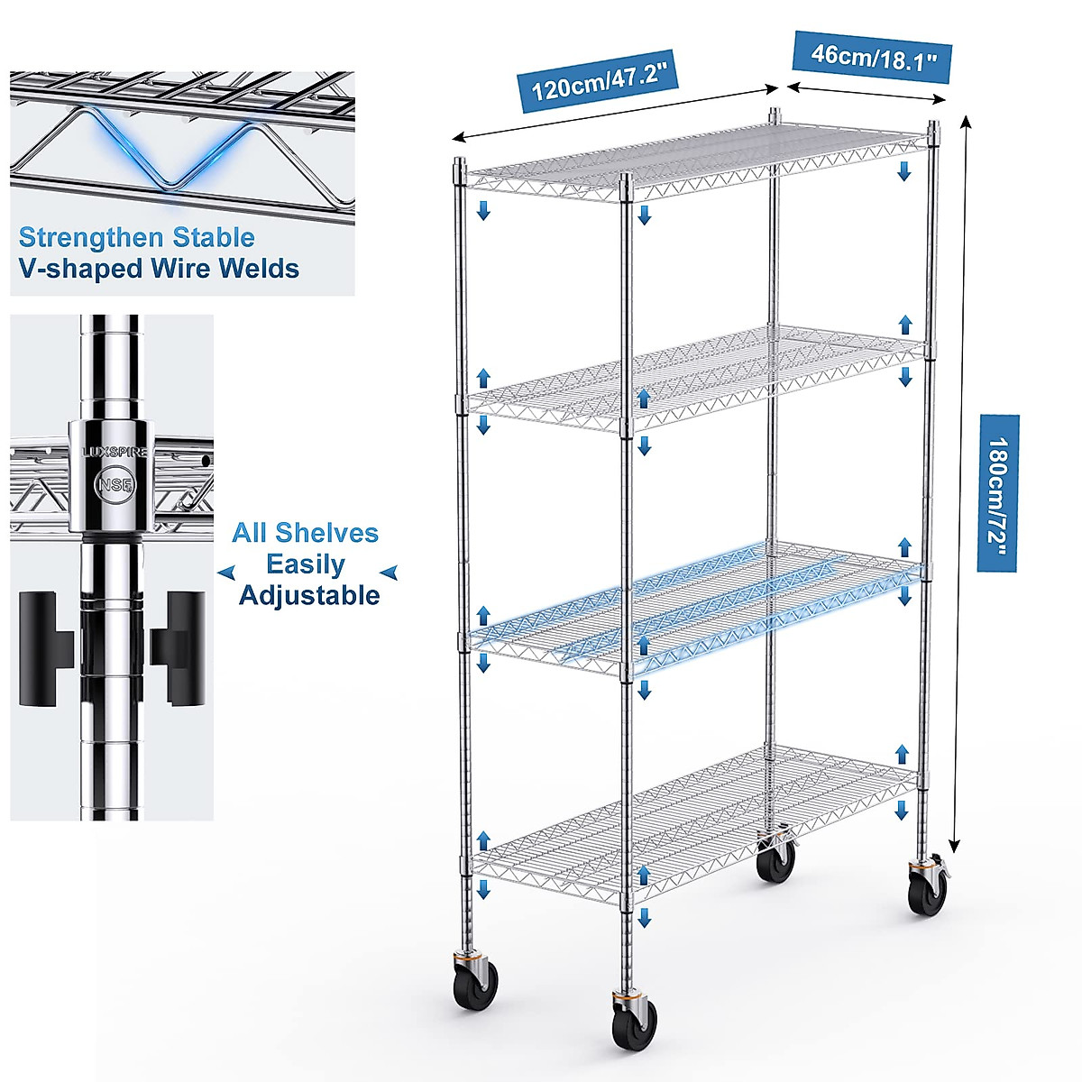 Luxspire Wire Shelving Unit with Wheels, 2400LB Heavy Duty NSF Commercial-Grade Adjustable Storage Shelves, Metal Shelving Utility Rack, Kitchen Garage Organizer Shelf Rack,4-Tier 48x18x72 in, Chrome
