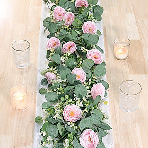 TOCHGREEN 2 Pack 13Ft Artificial Eucalyptus Flower Garland with Pink Roses, Fake Rose Flower Greenery Garland Floral Vines for Wedding Home Party Table Runner Decor (2PCS, Pink)