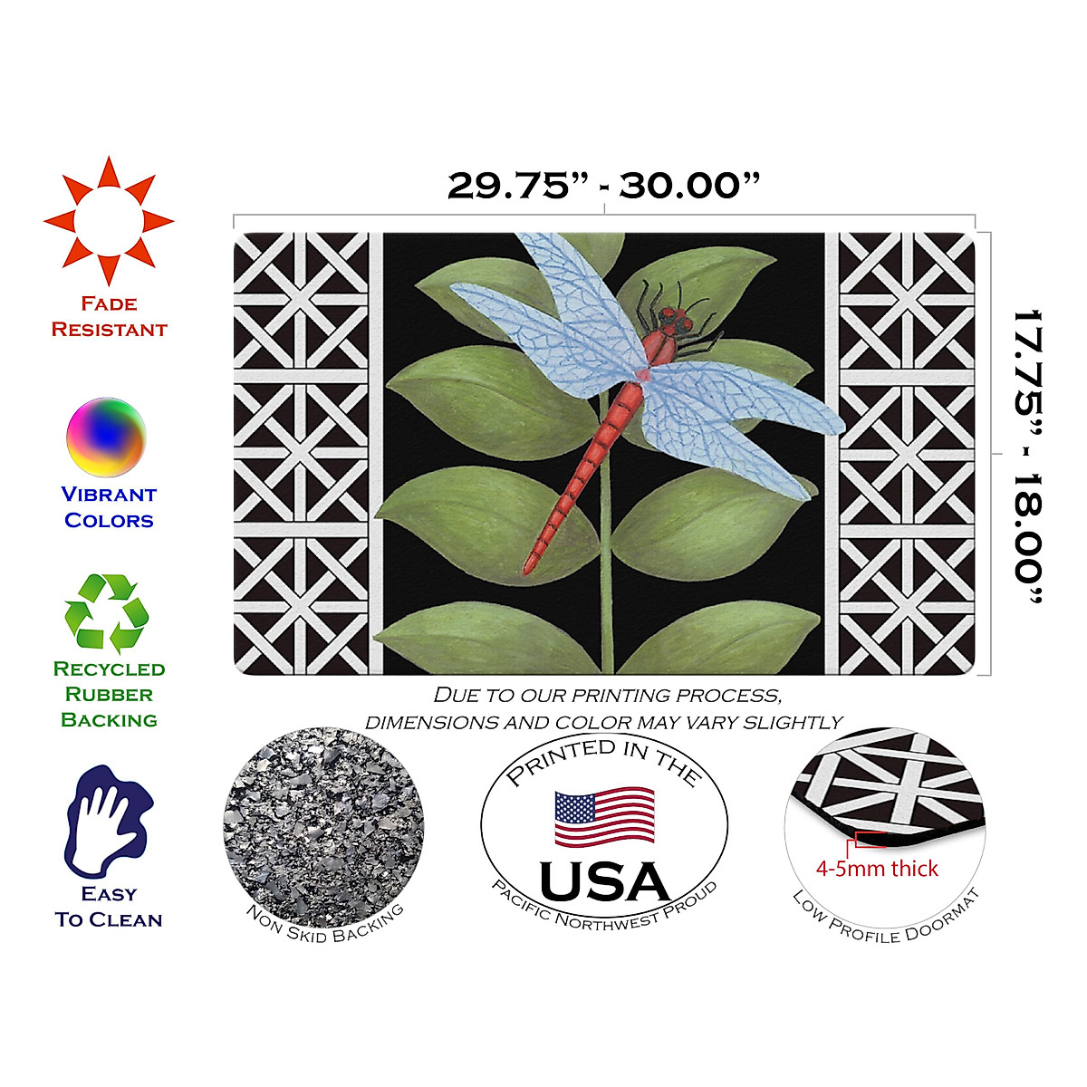 Toland Home Garden 800053 Dragonfly On Black Summer Door Mat 18x30 Inch Spring Outdoor Doormat for Entryway Indoor Entrance