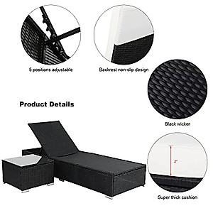 Volowoo Wicker Chaise Patio Lounge Chair, 2 Pieces Patio Chaise Lounge Chair Sets, Outdoor Beach Pool PE Rattan Reclining Chair with Table and Cushion