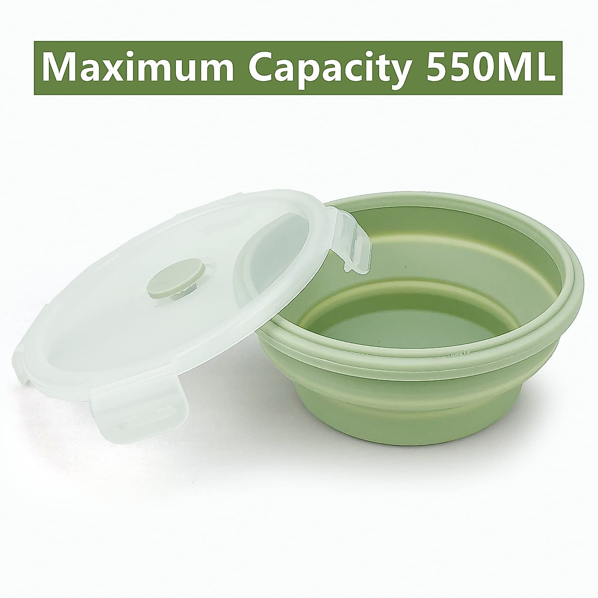 Lunbengo 3piece Collapsible Bowl with Lids, Microwave Silicone Meal Prep Lunch Containers, Ideal Food Bowls for Snacks, Fruits, Oatmeal, Camping Travel, Round, Green