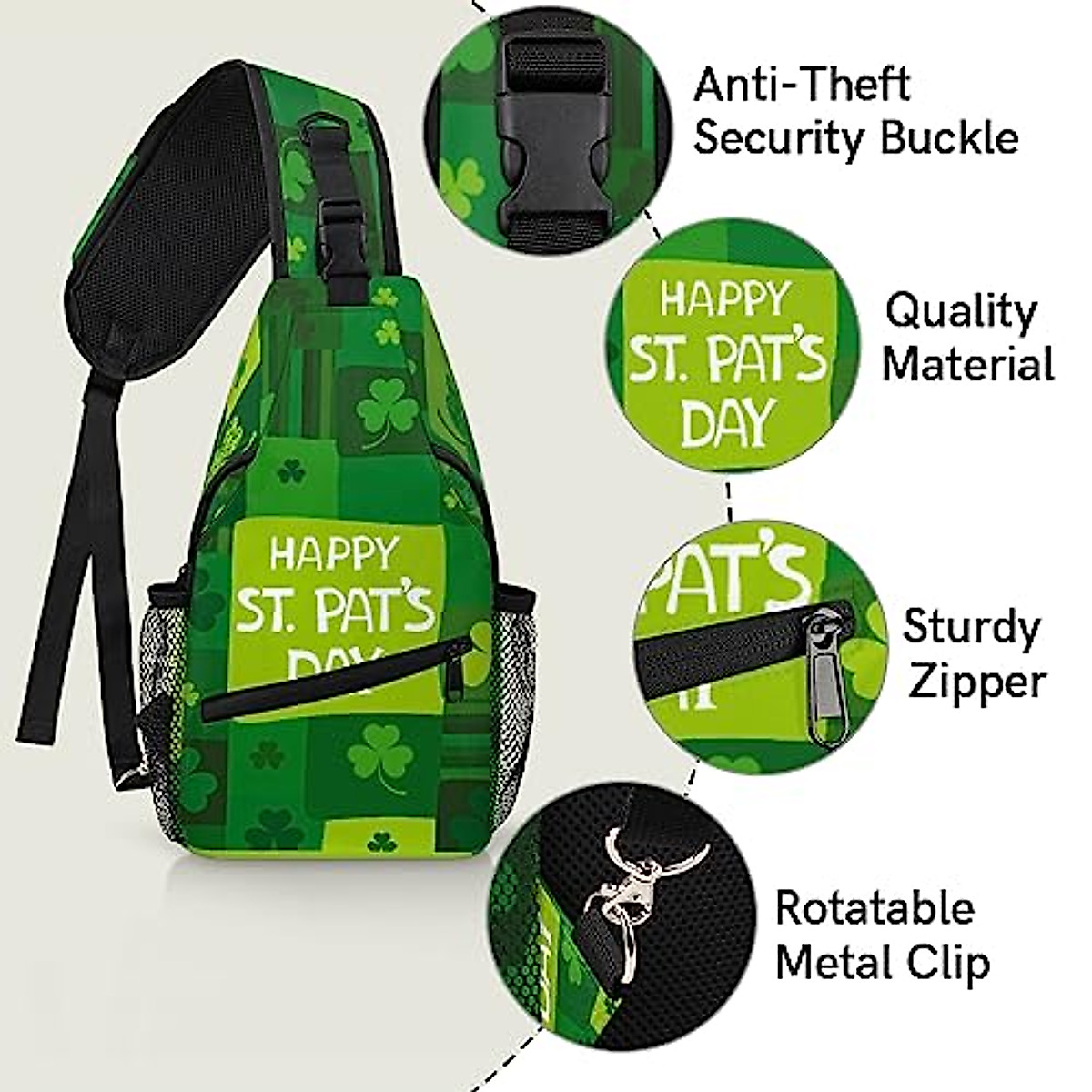 Plaid Happy St Patricks Day Shamrock Sling Backpack St. Patrick's Day Crossbody Bag Hiking Backpack Casual Daypack
