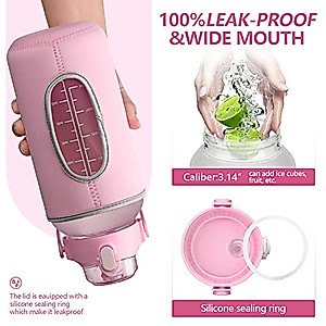 kytffu 64oz Glass Water Bottles with Straw, Half Gallon Motivational Time Marker Water Bottle Glass with Neoprene Sleeve, 2L Leakproof Large Glass Water Jug for Gym,Pink