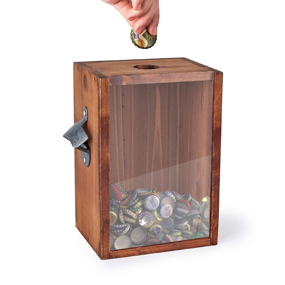 Mealivos Bottle Opener And Cap Saver – Classic Rustic Wood Standing With Beer And Soda Cap Collector,Ideal Gift for Men and Beer Lovers