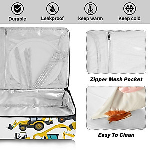 Yellow Machine Vehicles Truck Digger Crane Bagger Reusable Insulated Pizza Bag, Waterproof Food Delivery Bag, with Handle Lid Leakproof Pizza Holder Tote for Hot or Cold Food