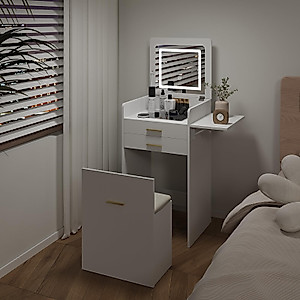 ARTETHYS Small Vanity Desk Set with Flip-top Mirror and Lights White Integrated Makeup Table for Small Space Compact Mini Dressing Table with Fold-up Panel and Storage Chair for Bedroom