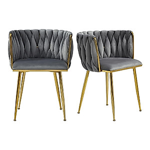 TXFTRR Velvet Dining Chairs Set of 2, Velvet Dining Chair with Woven Hollow Backrest Design, Modern Dining Chair Set with Gold Metal Legs, Upholstered Velvet Chairs for Dining Room, Living Room
