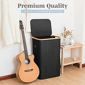 LONBET 26 Gal. Laundry Basket with Lid, Made from Breathable Fabric Aesthetic Clothes Hampers for Laundry with Side Handles & Sturdy Bamboo Frame Laundry Hamper with Lid & Removable Bag, Black