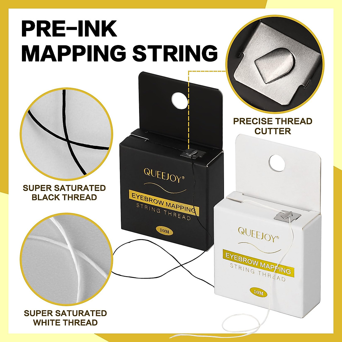 QUEEJOY Brow Mapping String - 10M Black and White Premium Eyebrow Mapping String, 1mm Charcoal Eyebrow Thread, Eyebrow Mapping Kit [2 X 32 Ft Box - 20 m], White Mapping String for Eyebrows