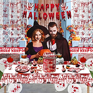 Halloween Party Supplies Tableware Set, Bloody Halloween Party Decorations, Halloween Scary Bloody Plates and Napkins Cups Plastic Tablecloth Dinnerware Set for Zombie Horror Theme Party Decorations